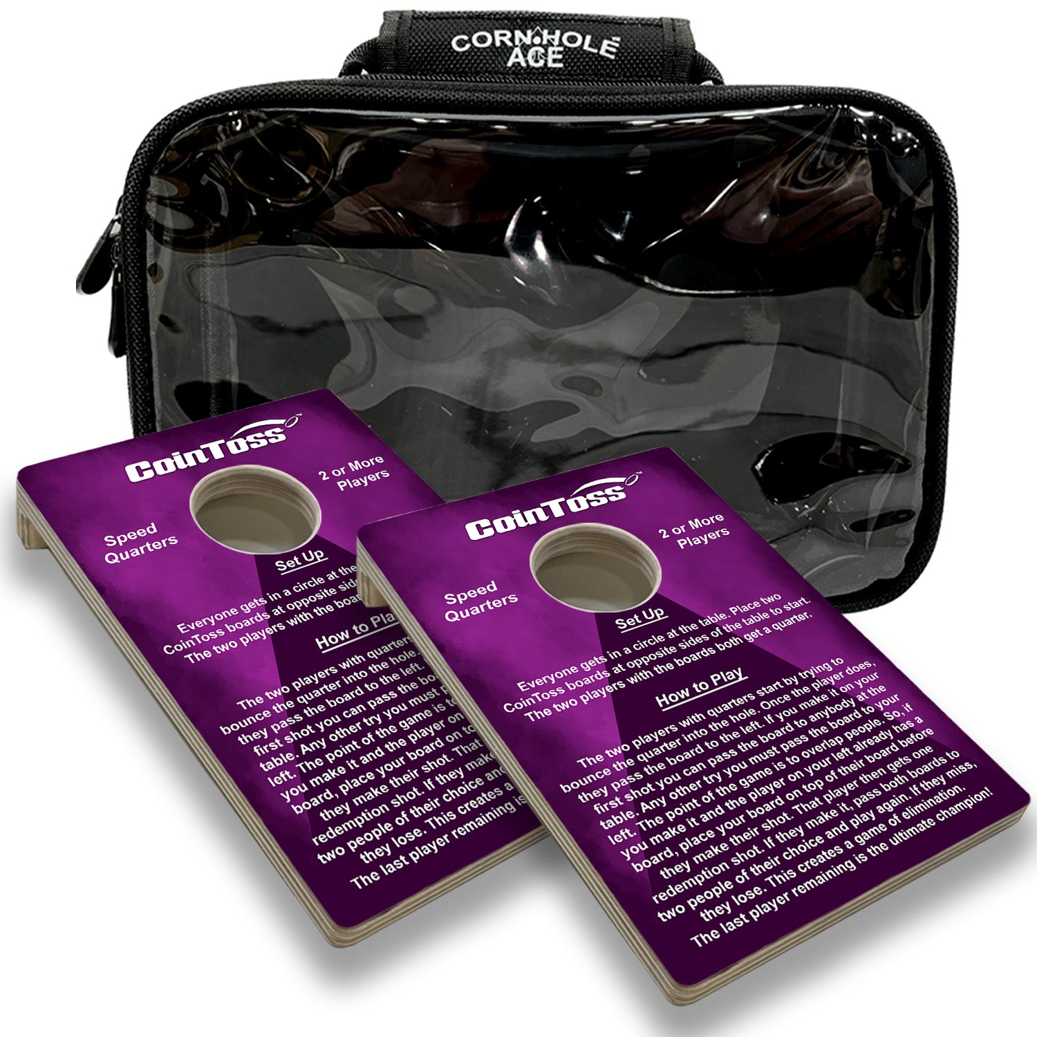 2 CoinToss Boards and Carry Case Set - Speed Quarters - Purple – CornholeAce