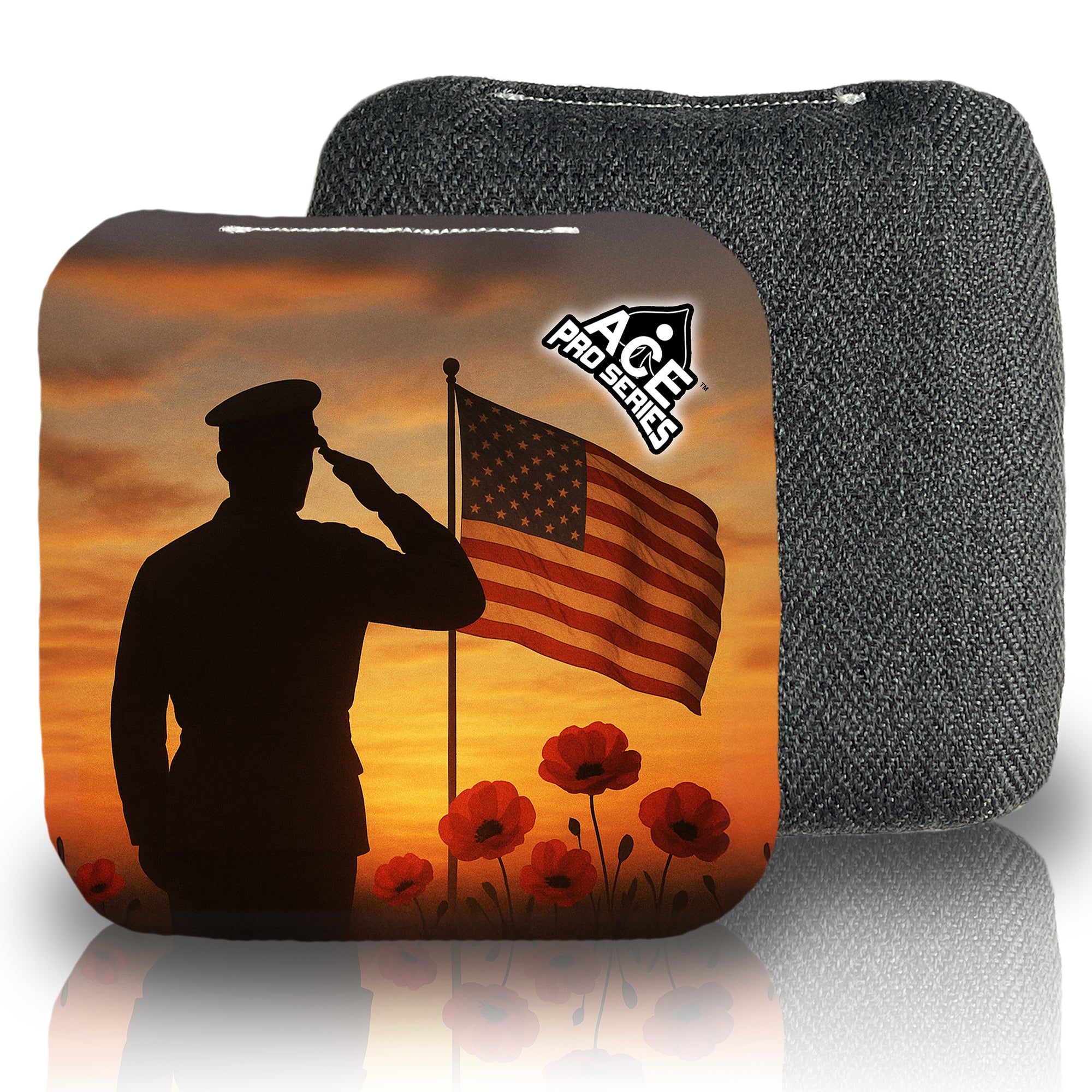 Soldier Salute Flag at Sunset - Black Carpet - ACE Pro Carpet Cornhole ...